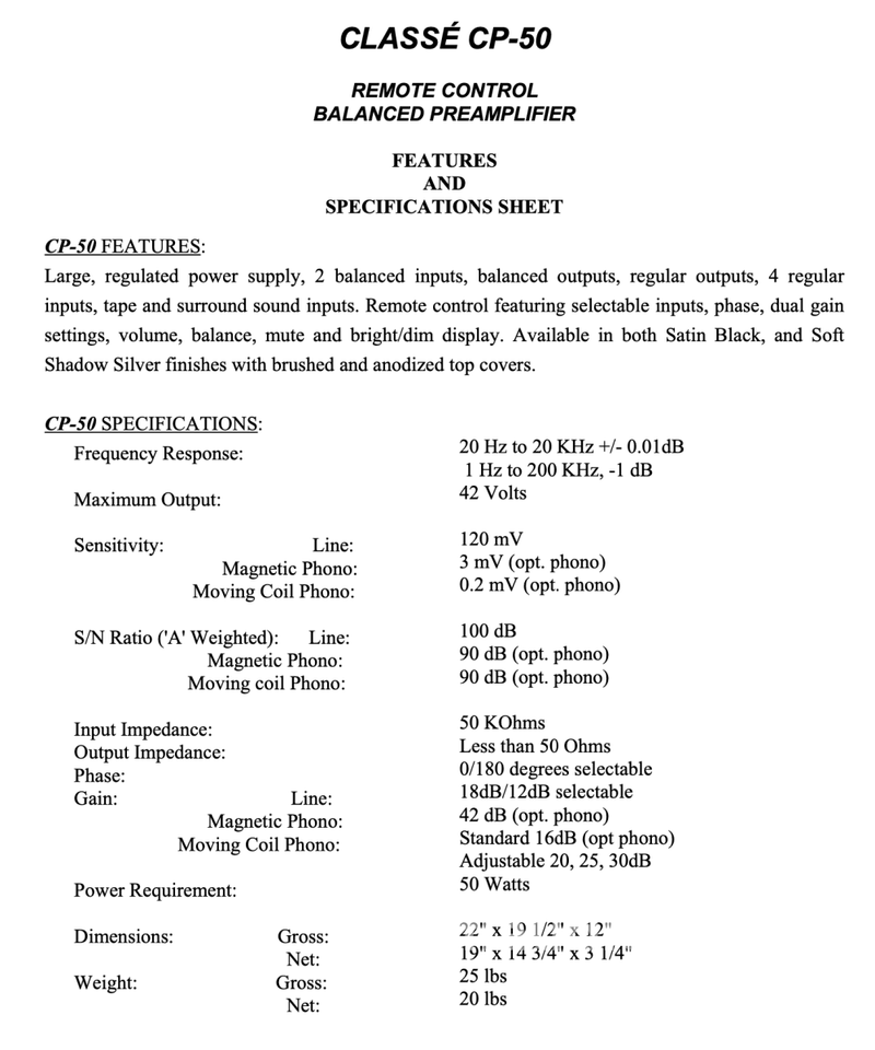 Classe Audio CP-50 Remote Control Balanced Preamplifier – SkyFi Audio