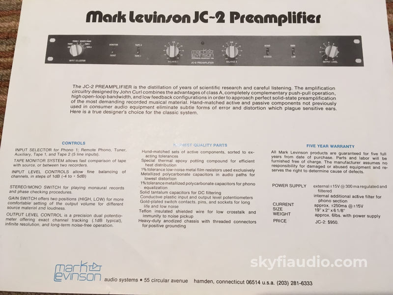 Mark Levinson JC-2 Preamplifier - Legendary John Curl Design – SkyFi Audio