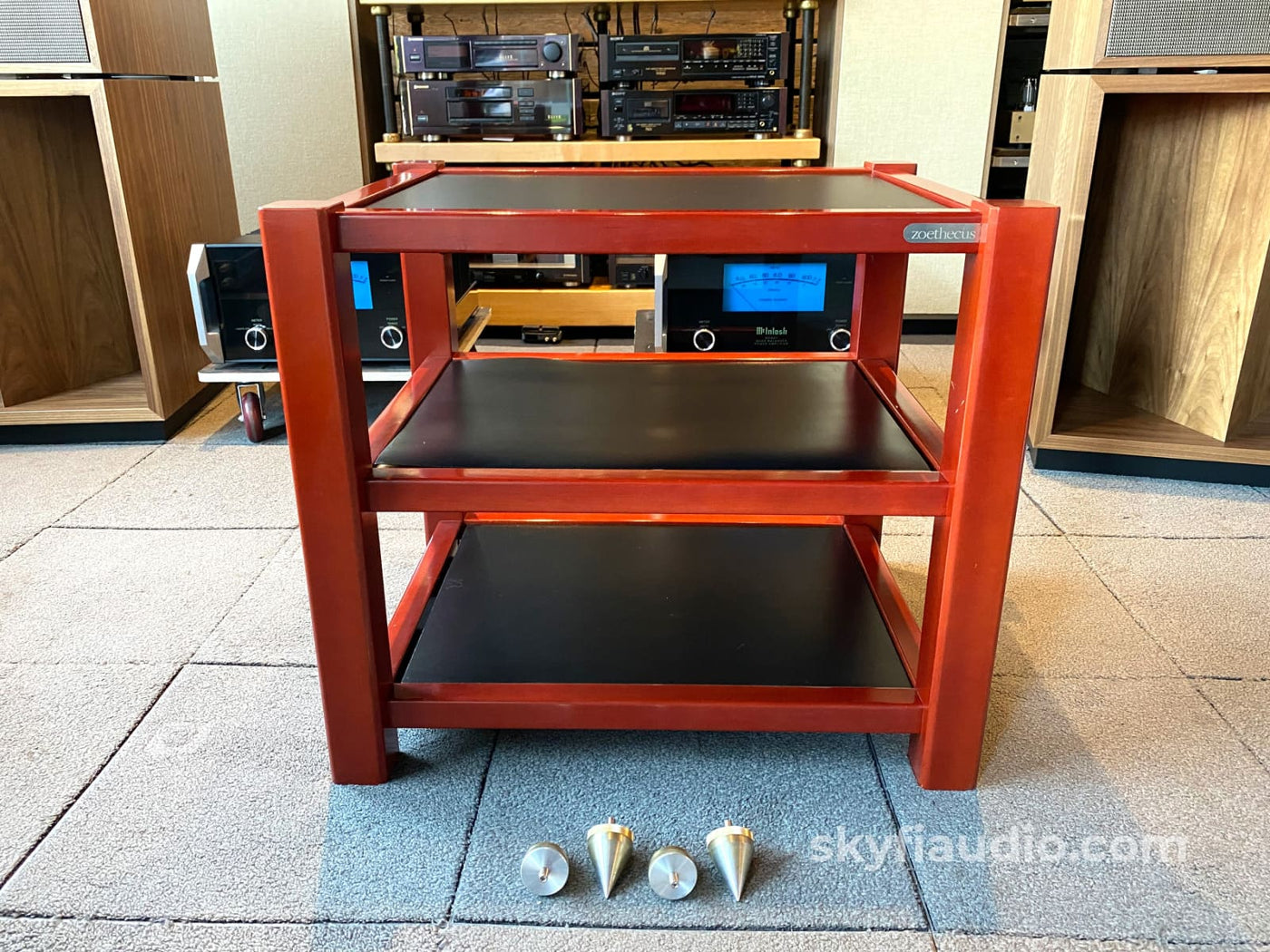 Zoethecus 3 Shelf Rack in Dark Red Wood with Spikes